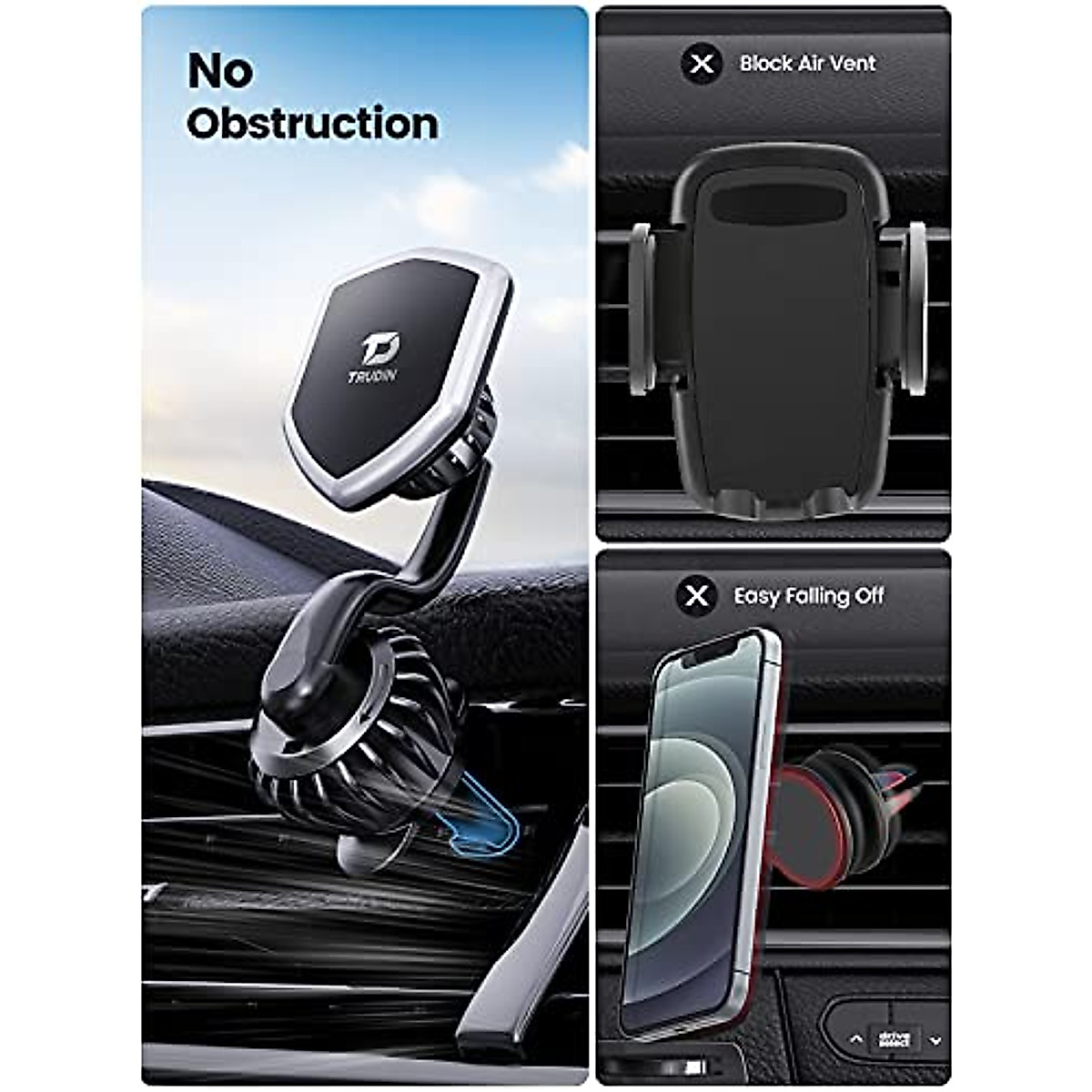 【Military-Grade Magnetic Vent Hook】 Phone Holder for Car【Ultra Sturdy】 Hands-Free Car Phone Holder Mount【Sharp Turns & Bumpy Roads Friendly】 Compatible with iPhone, Samsung,All Smartphones (Long Arm)