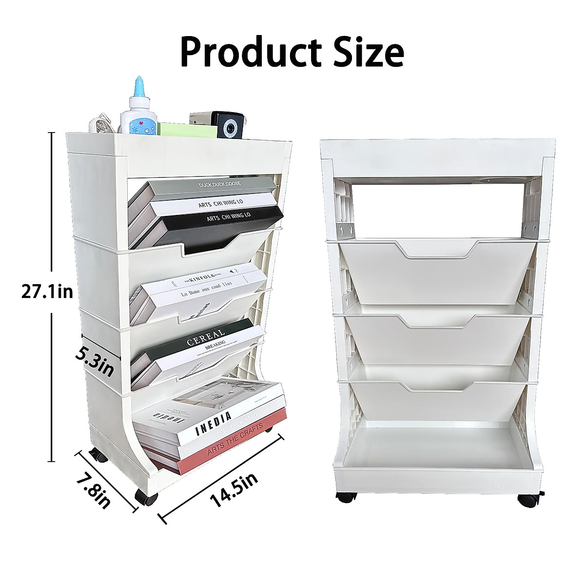 Drcoevo 5 Tier Rolling Book Utility Cart, Removable Movable Bookshelf Organizer with Wheels, Storage Book Shelves, Book Rack, Mobile White Bookcase for Study in Classroom Home School Office