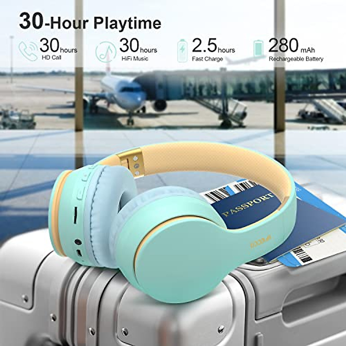 I love e iFecco Wireless Bluetooth Headphones Over-Ear, Foldable HiFi Stereo Headset with Built-in Microphone and Soft Protein Earpads for Travel, Home, Office (SkyBlue)