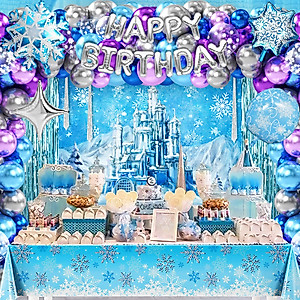 Frozen Birthday Party Supplies Winter Decoration Pack 117 Pcs Wonderland Snowflake Princess Party Decors for Girls (Backdrop, Tablecloth, Banner, Foil Balloons, Balloons Garland)