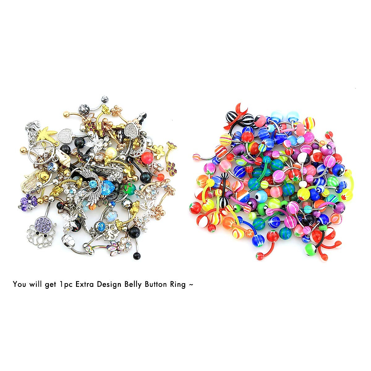 CM Crareesi Mania 50PCS Belly Rings Pack Random Belly Button Bars Stainless Steel/Acrylic Banana Barbells Navel Barbell for Navel Piercing Jewellery