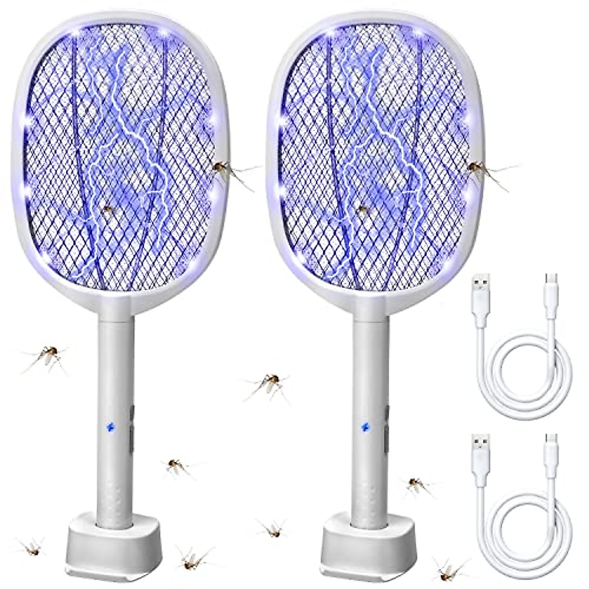 Lulu Home 2-in-1 Electric Bug Zapper Racket, 2 Pack 3000V High Voltage LED Lighted Handheld Mosquito Swatter with 3 Layer Safety Mesh, USB Charging Portable Fly Killer Racquet