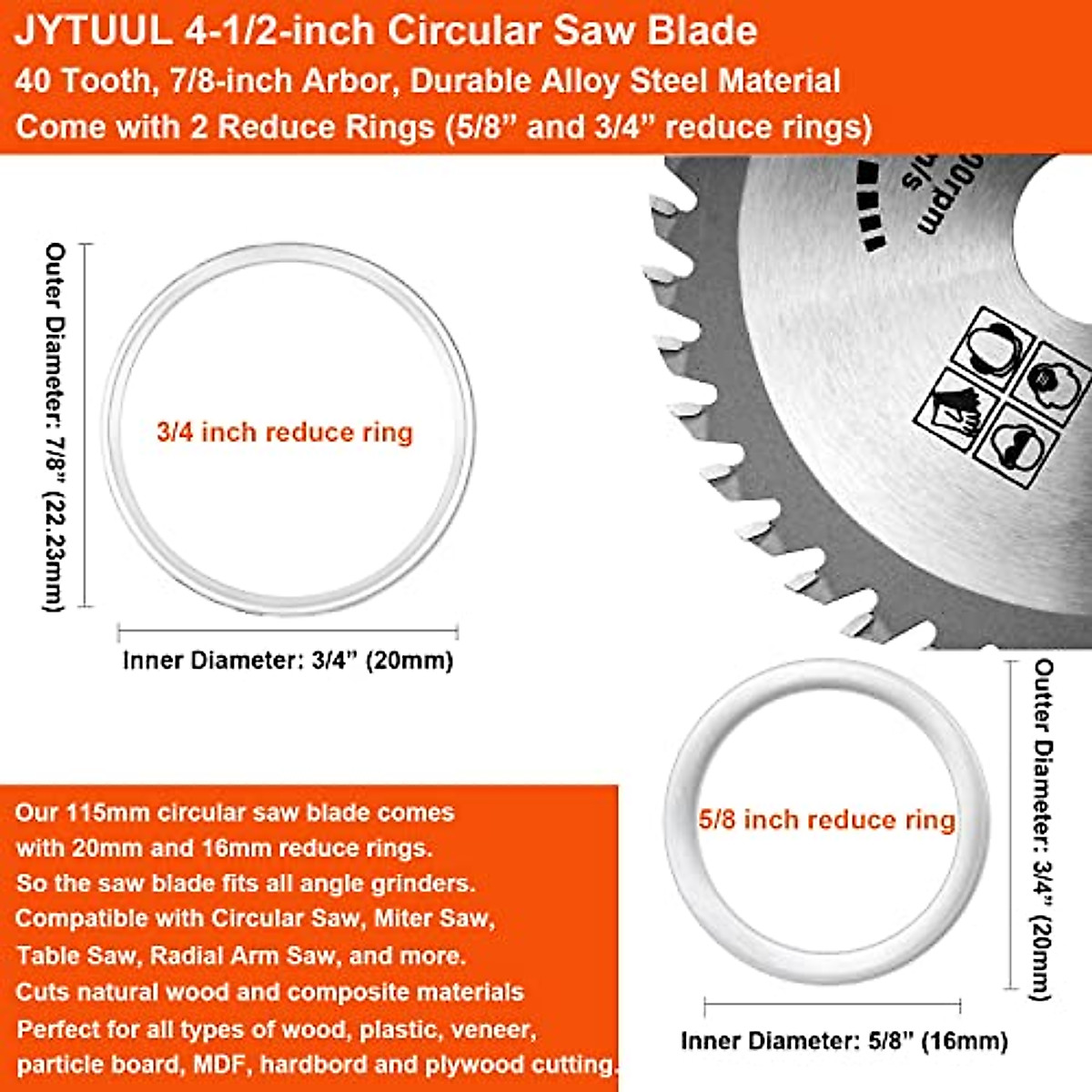 JYTUUL 3PCS 4-1/2-Inch 40T Circular Saw Blade with 7/8-Inch Arbor, Alloy Steel TCT Hard & Soft Wood Cutting Saw Blade (Reduce Ring 5/8 inch and 3/4 inch)