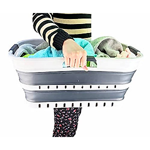 SAMMART 21L (5.5 gallon) Super Mini Collapsible 3 Handled Plastic Basket - Foldable Pop Up Storage Container/Organizer - Space Saving Hamper/Basket (White/Grey)