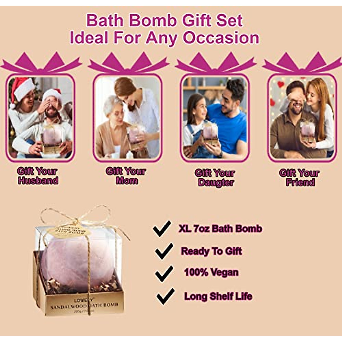 Birthday Gifts for Men, Bath Bombs Gift, Extra Large Sandalwood Handmade Bath Bomb with Shea & Coco Butter Dry Skin Moisturize, Bath and Body Grooming Self Care 7oz Natural Spa Bubble Bath Fizzy