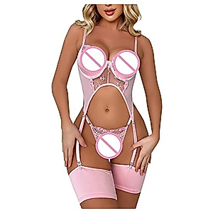Slutty Outfits for Women, Bodysuit Lingerie Yellow Sexy Black Bras Women Sex Women's Underwear Three-Point Garter Belt Hollow Three-Piece Suit Set Women's Valentines Lingerie Set (M, Pink)