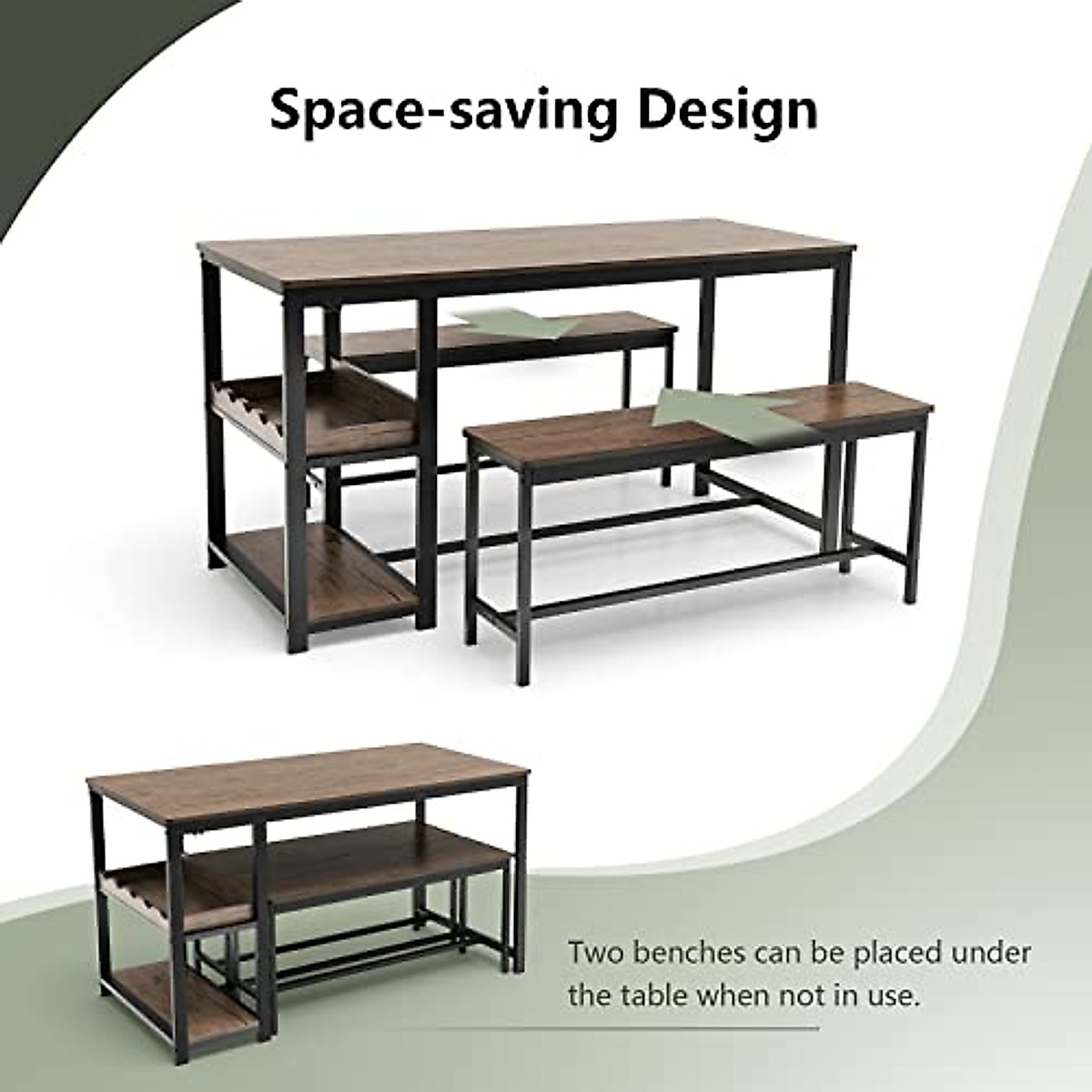 COSTWAY 3-Piece Dining Table Set for 4, Rustic Pub Dining Table with 2 Benches, 2 Storage Shelves and Glass Holder, Breakfast Kitchen Table and Chairs Set for Small Space Kitchen Restaurant Bar