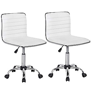 Yaheetech Adjustable Task Chair PU Leather Low Back Ribbed Armless Swivel Desk Chair Office Chair Wheels White, Set of 2