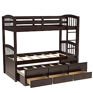 Harper & Bright Designs Twin Over Twin Bunk Bed with Trundle and Storage Drawers Wood Bunk Beds Frame for Kids Girls Boys Teens, Espresso
