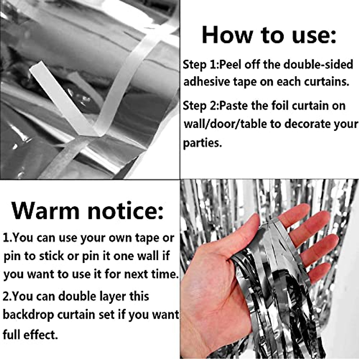 4 Pack Silver Foil Fringe Curtain Backdrop, 3.28Ft x 8.2Ft Metallic Tinsel Foil Fringe Streamer Curtains for Photo Booth Props, Birthday, Wedding, New Year’s, Christmas Decoration Party Supplies