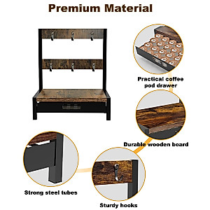 waaliji Coffee Mug Holder for Countertop, Coffee Pod Drawer Tray Station with 6 Hooks and 35 Capsules Capacity, Rustic Wood Cup Hanger Organizer for Kitchen Coffee Bar, Black