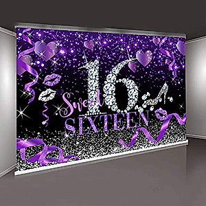 Sensfun Sweet 16 Silver Purple Bokeh Glitter Backdrop 7x5ft for Girls Happy 16th Birthday Party Decorations Banner Diamonds High Heels Sweet Sixteen Photography Photo Booth Props Supplies Background