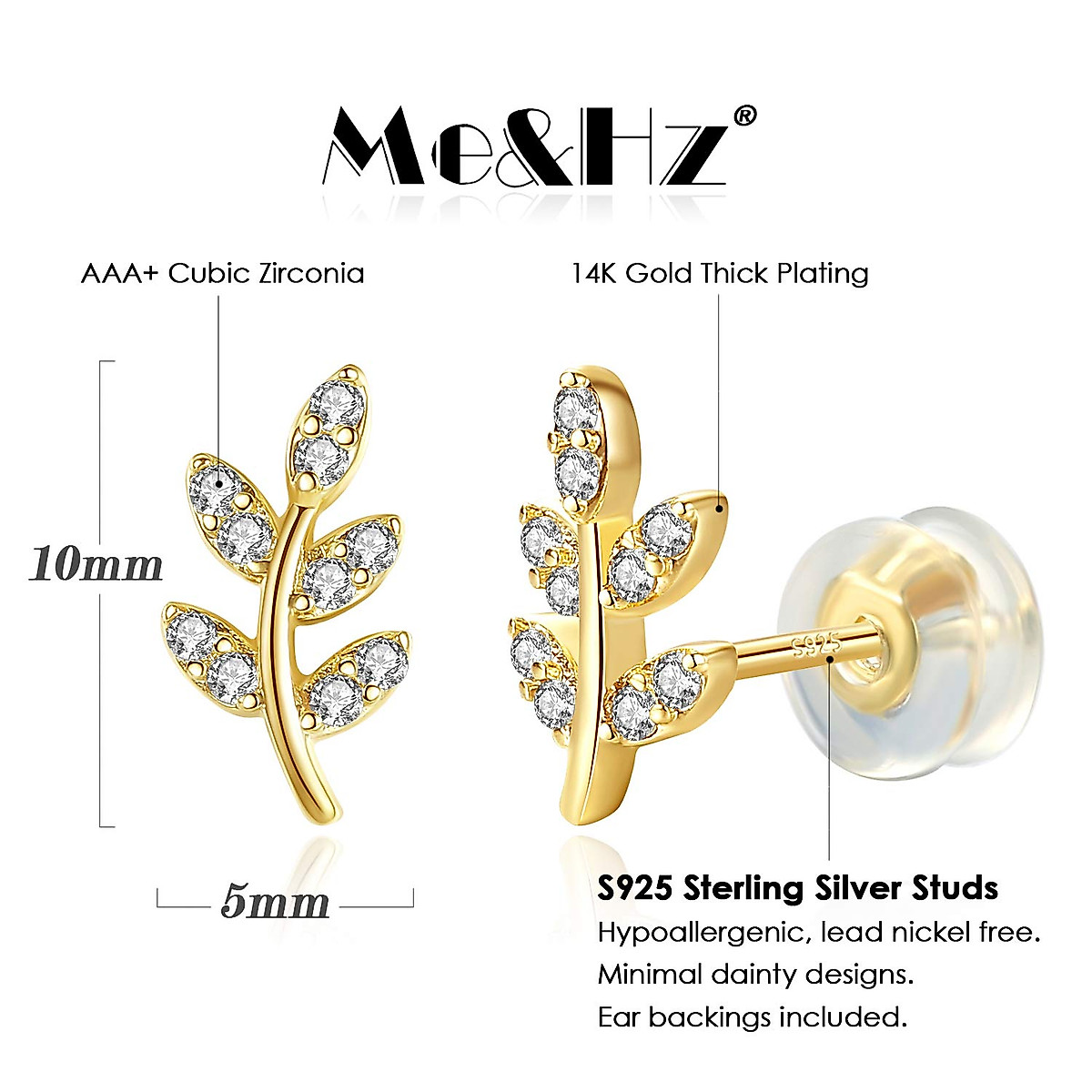 14K Gold Plated 925 Sterling Silver Small Cubic Zirconia Leaf Earrings Hypoallergenic Cute Dainty Mothers Day Stud Earrings for Women Sensitive Ear
