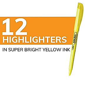 BIC Brite Liner Highlighters, Chisel Tip, Yellow Highlighters, 12-Count, For Broad Highlighting or Fine Underlining