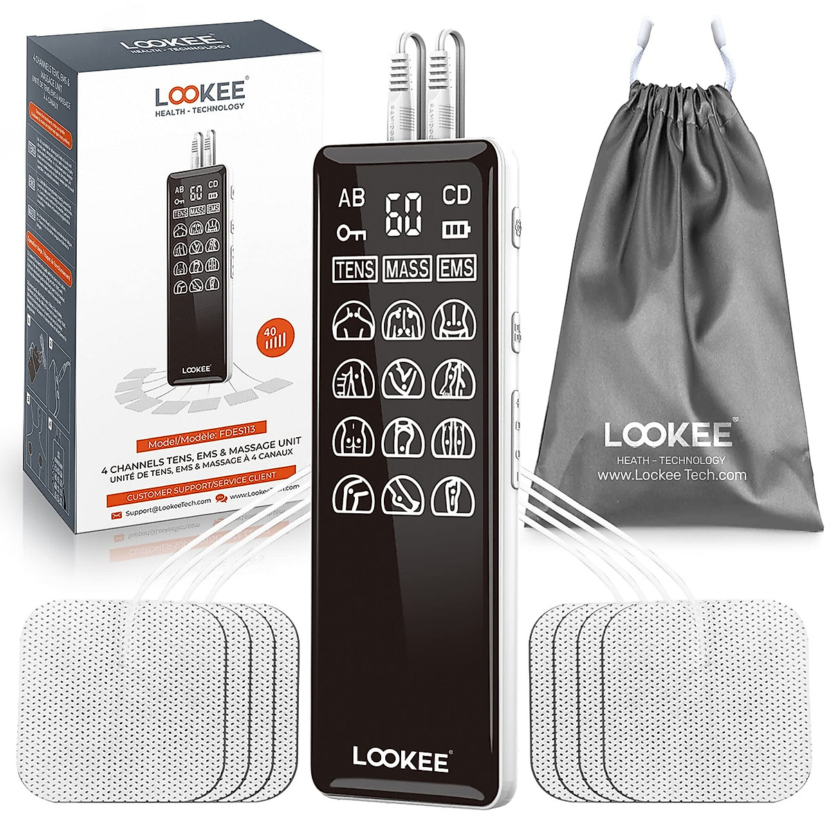 LOOKEE 4-Channel TENS Unit Muscle Stimulator for Pain Relief Therapy - Premium LED EMS Muscle Stimulator with 36 Mode & 40 Intensity Levels - Rechargeable TENS Machine FSA/HSA Eligible