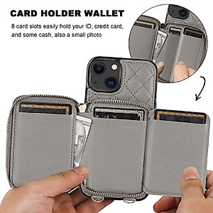 Bocasal Crossbody Wallet Case for iPhone 13, RFID Blocking PU Leather Zipper Handbag Purse Flip Cover, Kickstand Folio Case with Card Slots Holder Wrist Strap Lanyard 5G 6.1 Inch (Grey)