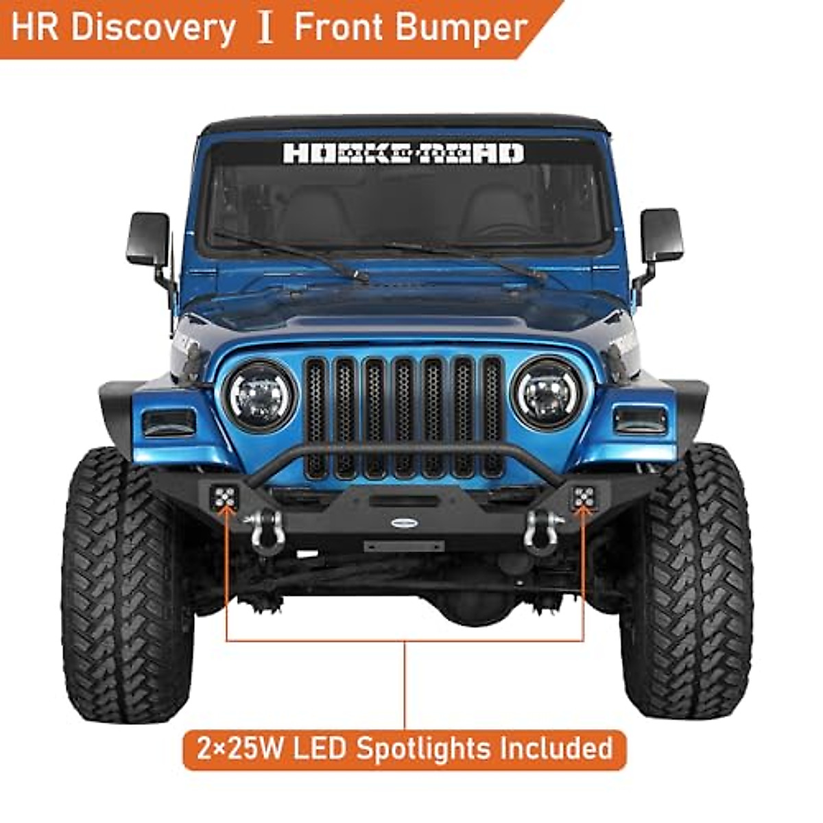 Hooke Road Wrangler TJ Rear Bumper with Tire Carrier + Front Bumpers Combo Compatible with Jeep Wrangler TJ 1997-2006