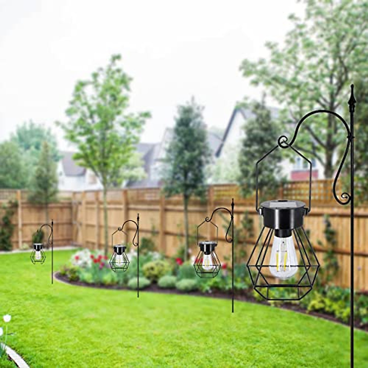 Hanging Solar Lanterns Outdoor Decor - 2 Pack Solar Decorative Table Lights with Edison Bulbs for Patio Waterproof (Black)