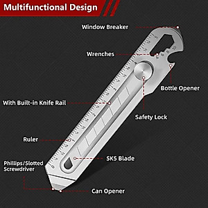 Generic 10-In-1 Mutipurpose Utility Knife, Heave Duty Full Stainless Steel Retractable Box Cutter with 5PCS replaceable Blades, Multi-functional Extended Razor Knife for Office, Home (Silver)