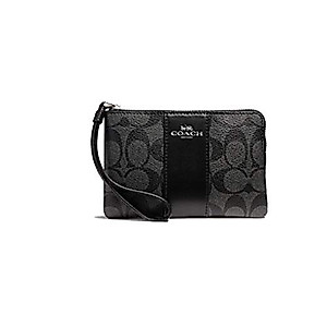 Coach F58035 Corner Zip Wristlet in Signature Coated Canvas with Leather Stripe Black Smoke - Black