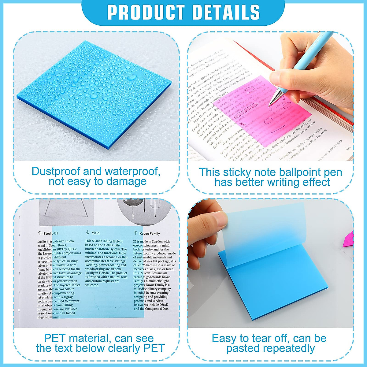 900 Sheets 18 Pieces Transparent Sticky Notes Pads, 3 x 3 Inches Translucent Colored Clear Stickies Notes Waterproof Self Adhesive See Through Memo Sticky Pads, School Office Supplies (Bright Color)