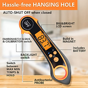 Instant Read Meat Thermometer for Cooking, Fast & Precise Waterproof Digital Food Thermometer with Magnet, Backlight, Calibration and Foldable Probe for Deep Frying, Grill