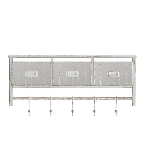 Merrick Lane Enid Wall Mount Storage Rack - Whitewashed Pine Wood - 24" Wide - Upper Shelf - 5 Hooks - Wire Baskets - For Entryway, Kitchen, Bathroom