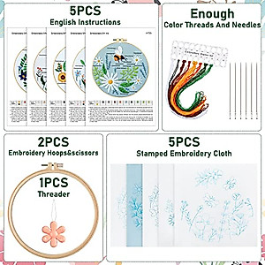5 Sets Embroidery Starter Kit with Patterns and Instructions Bee Flower Cross Stitch Set for Beginners DIY Adult Kids (as Pictures Shown)