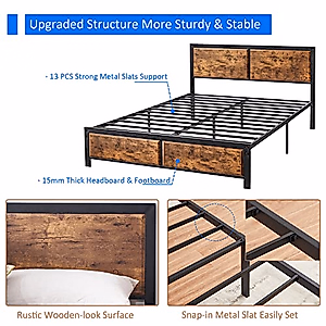 VECELO Full Platform Bed Frame with Rustic Vintage Wood Headboard, Mattress Foundation, Strong Metal Slats Support, No Box Spring Needed