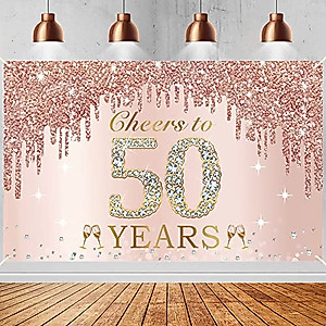 Large Cheers to 50 Years Birthday Decorations for Women, Pink Rose Gold Happy 50th Birthday Banner Backdrop Party Supplies, Fifty Birthday Poster Background Sign Decor