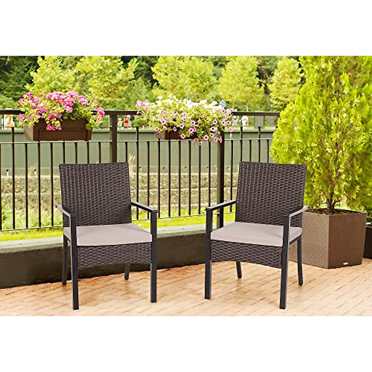 PHI VILLA Outdoor Wicker Chairs Set of 2, Rattan Covered Metal Armchairs with Removable Cushion, Heavy Duty Furniture Set for Patio, Deck, Porch, Yard
