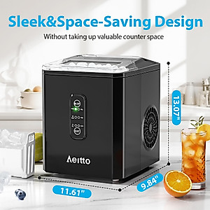 Aeitto Ice Makers Countertop, 9 Ice Cubes Release in 6 Mins, 26Lbs/24H, 2 Sizes of Bullet Ice Machine,Self-Cleaning Portable Ice Maker with Ice Scoop and Basket for Home Kitchen Office Bar RV, Black