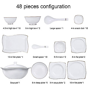 Porcelain Plate and Bowl Set,Dinnerware Set for Home or Special Restaurant, Ceramics Dinnerware Set with 48-Piece, Bowl/Dish/Soup Pot/Spoon|Bone China Dinner Sets, Gold Pattern Porcelain Combination