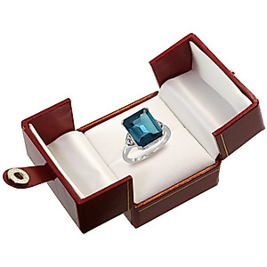 14K White Gold Diamond Natural London Blue Topaz Ring Octagon 12x10 mm, size 7.5