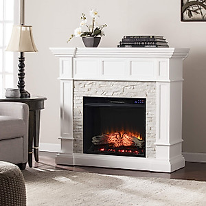 SEI Furniture Merrimack Faux Stone Corner Convertible Electric Fireplace, New Fresh White
