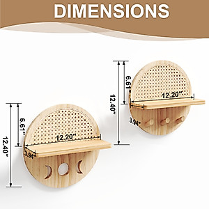 LUPWNEKA Rattan Circle Shelf Set of 2, Natural Wood Shelves Wall Mount, Boho Nursery Floating Shelves with Wooden Hooks, Rustic Decorative Shelves for Clothes Hats, Kitchen, Bathroom, Living Room