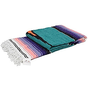 Open Road Goods Teal/Turquoise Diamond Mexican Yoga Blanket, Thick Serape with Pink Sunset Stripes - Handmade Blanket