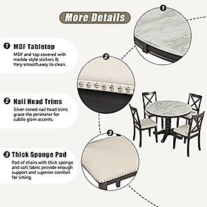 Merax 5-Piece Round Dining Table and Chairs Set for 4 Persons Veneer Top and Wood Frame for Kitchen Room, Gray_Faux Marble