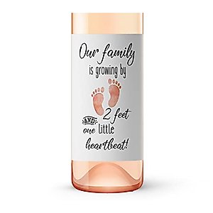 ● SET of 6 ● GENDER NEUTRAL Pregnancy Announcement Wine Labels - 2 Feet & 1 Little Heartbeat! Alternative to Pregnancy Announcement Cards, Pregnancy Reveal Wine Labels, Baby Feet, WATERPROOF, P100-6BF