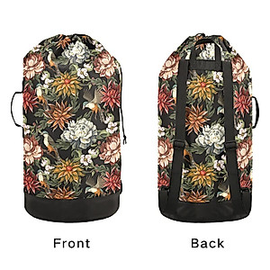 VIGTRO Vintage Spring Flower Bird Large Heavy Duty Laundry Backpack Hamper with Shoulder Strips and Drawstring, Retro Peony Floral Nylon Waterproof Laundry Bag Durable for Dorm Laundromat Travel