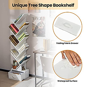 Giantex Tree Bookshelf with Drawer, 10 Shelf Space Saving White Wooden Bookcase, Freestanding Retro Wood Storage Rack, Decorative Bookshelf with Storage