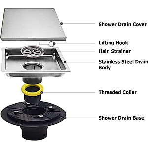 ARAUSK Shower Drain, 6 Inch Square Shower Floor Drain with Flange Reversible 2-in-1 Cover Tile Insert Grate Removable SUS 304 Stainless Steel Bathtub Drain Hair Catcher/Bathtub Protector for Bath