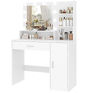FIONESO Vanity Desk with 10 Lights & Mirror, 3 Storage Shelf, Big Drawer, Cabinet with Shelves, 3 Lighting Modes & Adjustable Brightness Dressing Table, Small Makeup Vanity, 35.4” Desk,Black