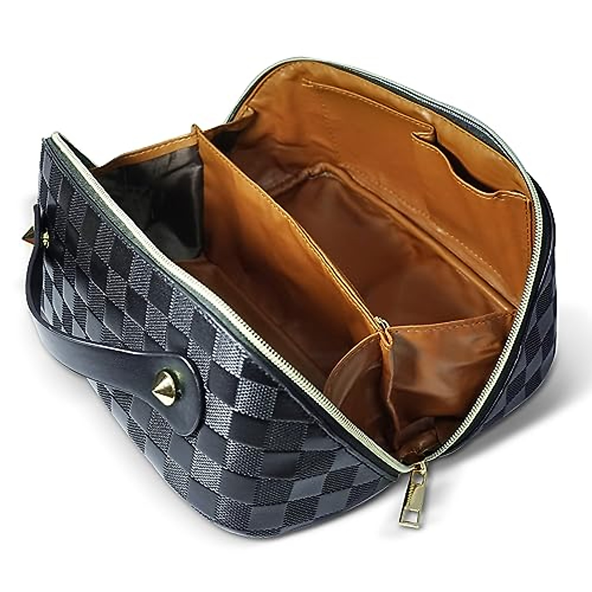 vhivhias Portable Checkered Makeup Bag Large Capacity Portable Travel Cosmetic Bag Opens Flat PU Leather Waterproof Black