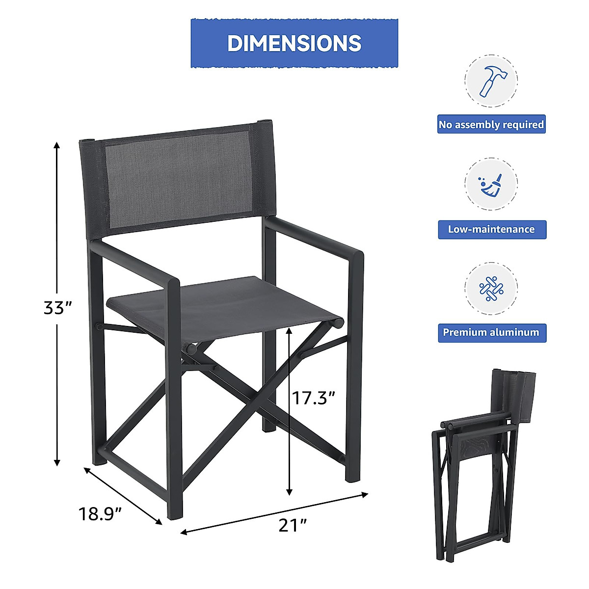 Soleil Jardin Outdoor Folding Director Chair Set of 2, Aluminum Portable Dining Chair Beach Chair for Camping Picnic Garden, Dark Grey Frame
