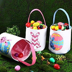 4 Pcs Easter Bunny Basket for Kids Easter Basket Bags Fluffy Tails Printed Rabbit Canvas Toys Bucket Tote Easter Tote Bag with Handle Canvas Carrying Favor Eggs Hunt Bag Candy Egg Basket for Gift Sets