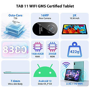 Blackview 10.36 inch 2K Tablet, Android Tablet 14GB(8+6 Expand) RAM 256GB ROM(TF 1TB), 8380mAh Octa-core Gaming Tablet, 16MP+16MP Camera Android 12 Tablet for Adults, 5G WiFi/GPS, Stylus, Green