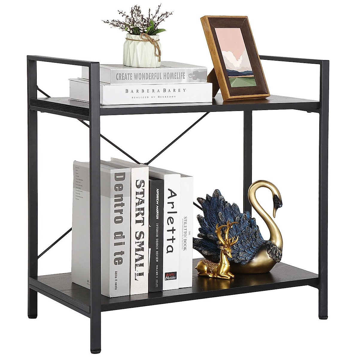 Solid Double Bookcase Short Frame Wood Bookshelf Display Rack Small Place Cozy, Black