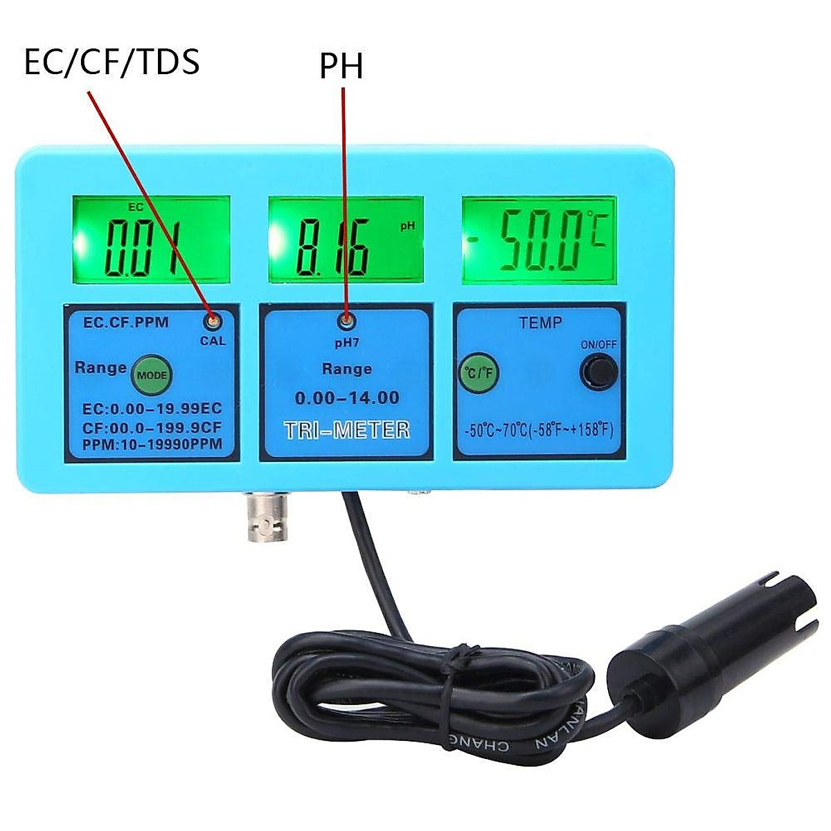 Digital Multiparameter 5 in 1 Temperature Meter Water Quality Tester Temp EC CF with LCD Display for Food Processing and Aquarium(US Plug 110V)