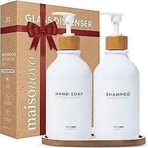 MaisoNovo Kitchen Soap Dispenser Set - Plastic Soap Dispenser with Pump - White Bamboo White Pump 16.9 fl oz - Bathroom Soap Dispenser Set of 2 - Soap and Lotion Dispenser Set with Tray